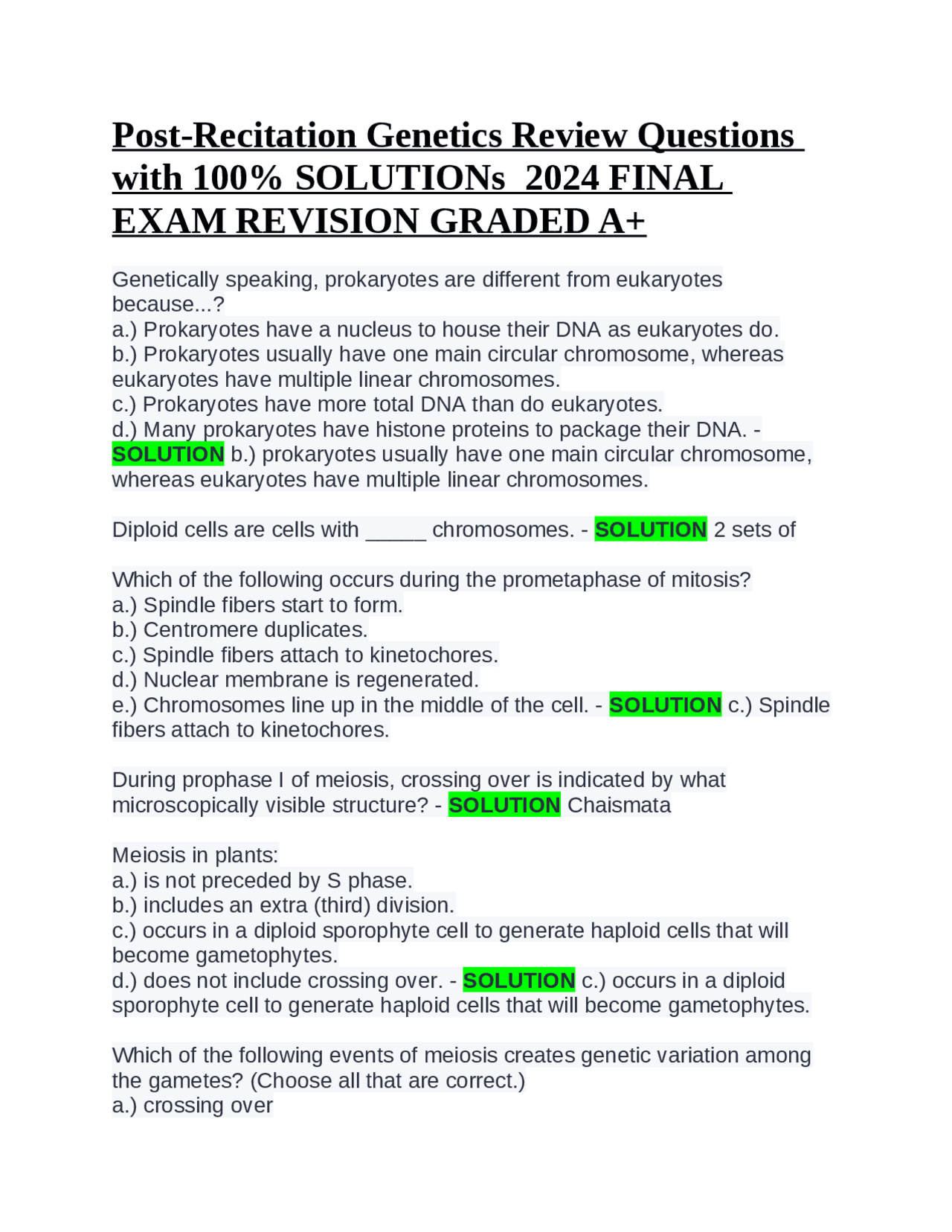 Genetics Review Questions with Solutions for Final Exam 2024 | Exams ...