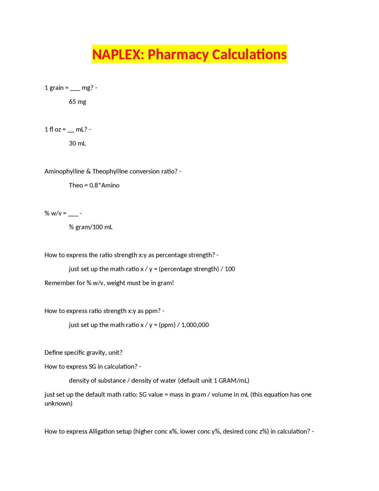 Pharmacy Calculations: NAPLEX Preparation | Exams Pharmacy | Docsity