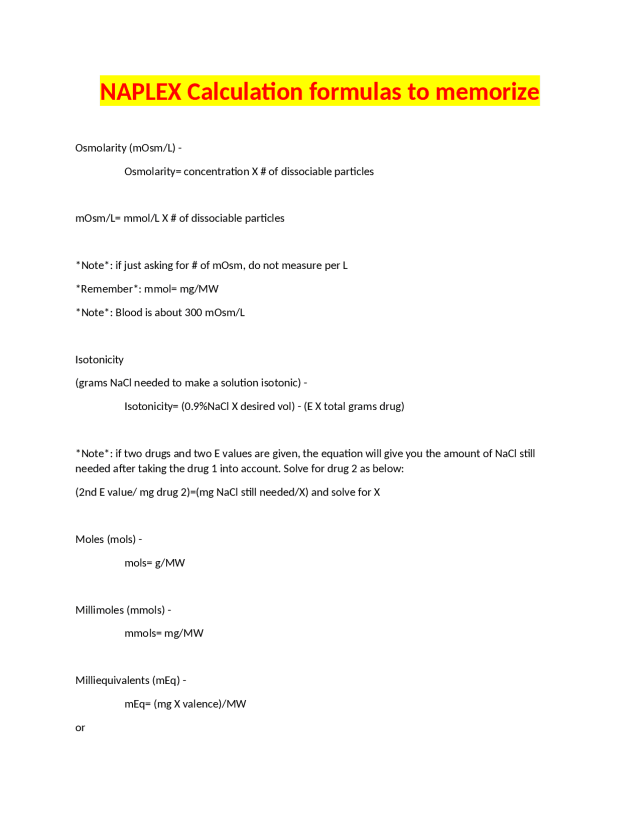 NAPLEX Calculation formulas to memorize | Exams Pharmacy | Docsity