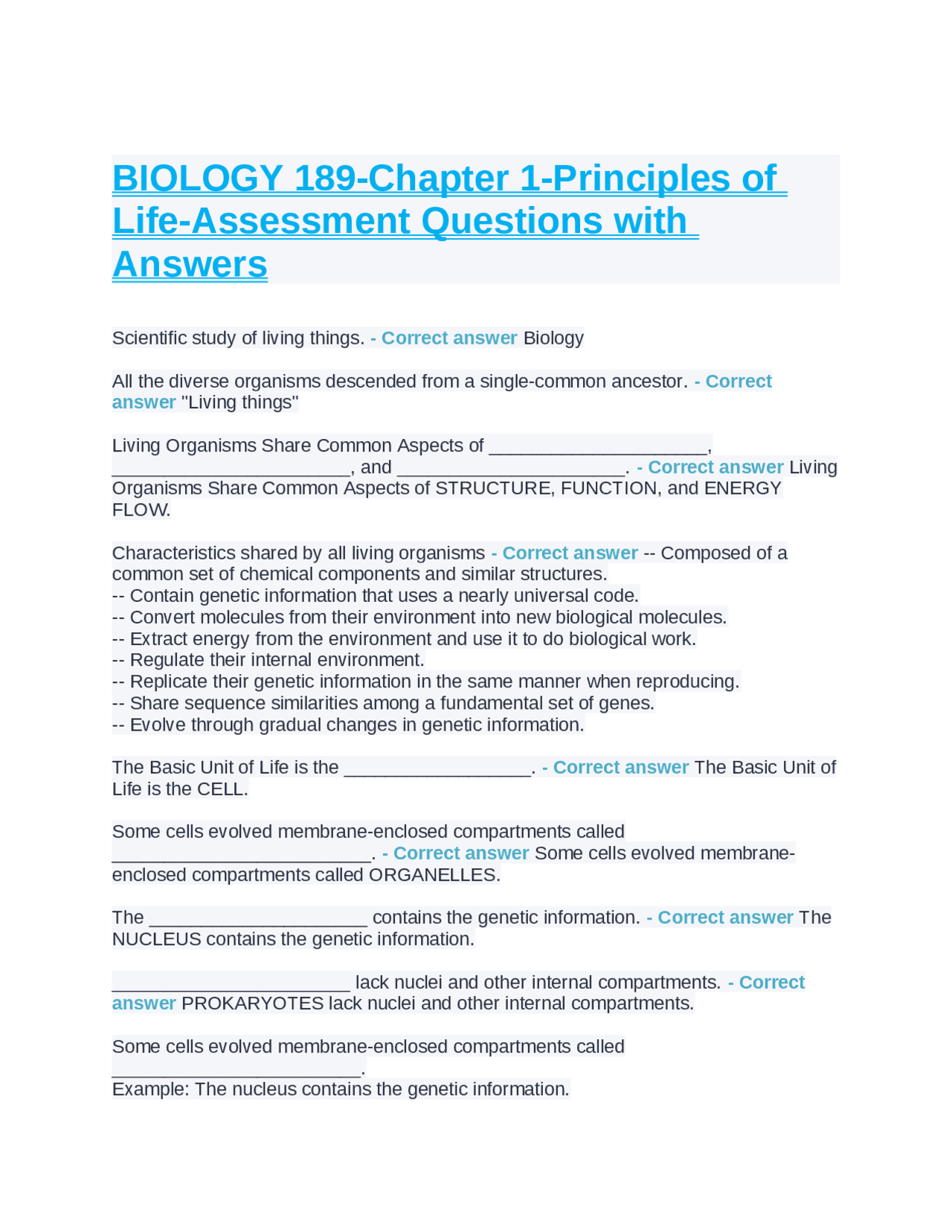 Biology 189: Chapter 1 - Principles of Life: Assessment Questions and ...