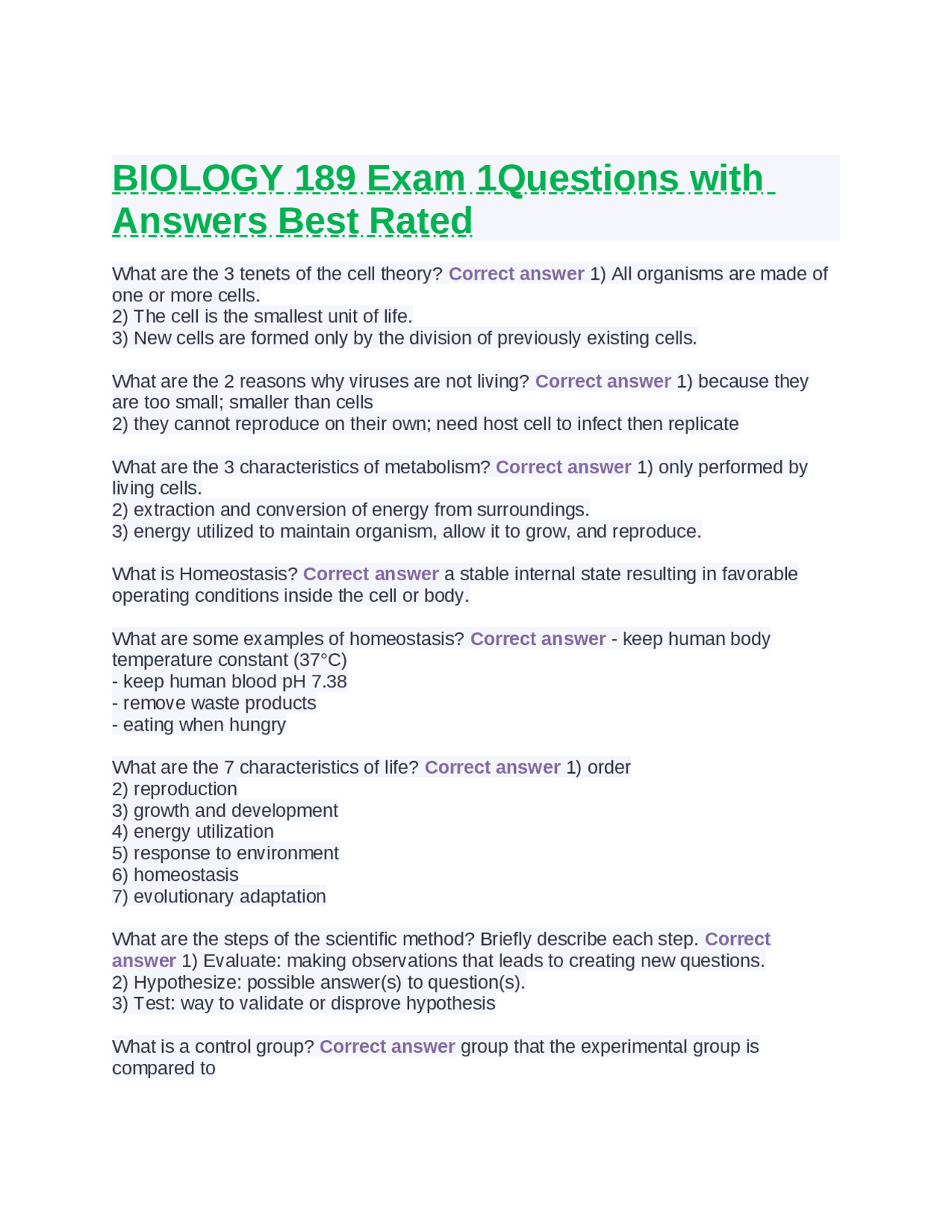 Biology Exam 1: Key Concepts and Answers | Exams Biology | Docsity