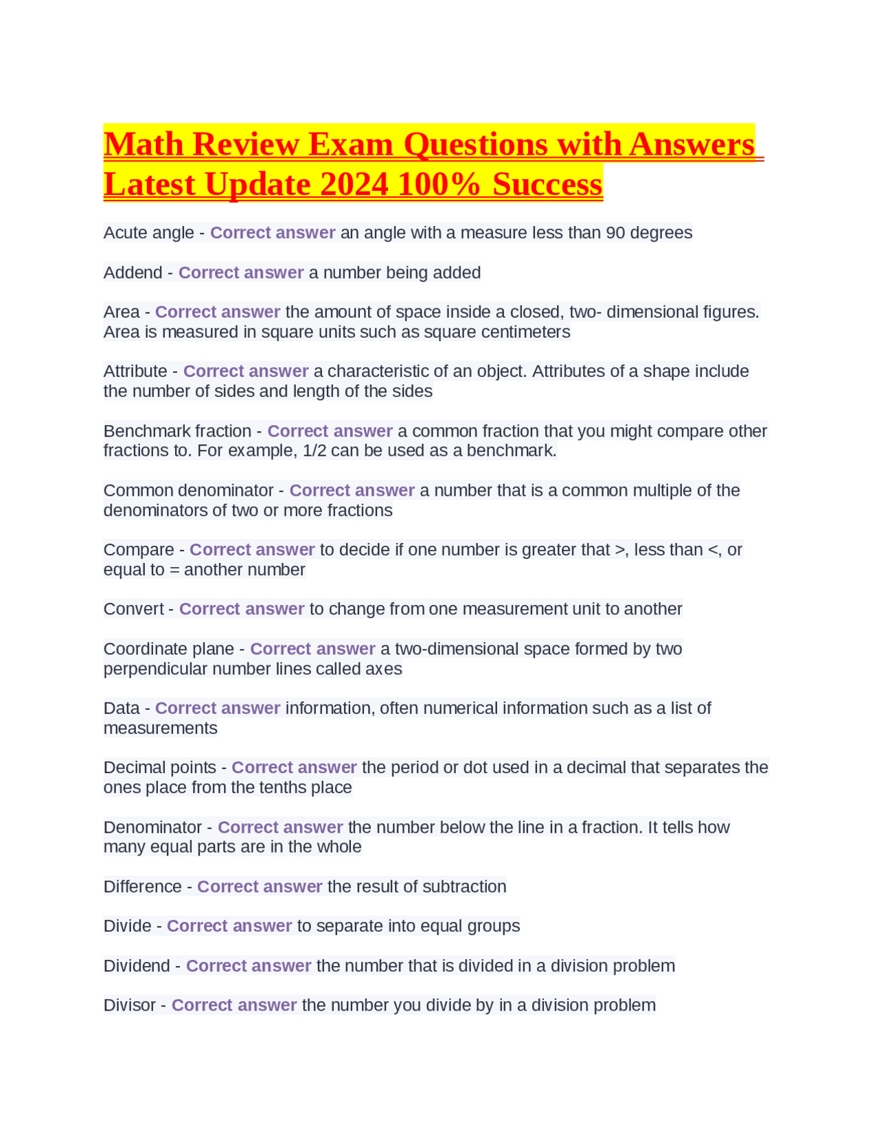 Math Review: Definitions and Concepts | Exams Mathematics | Docsity