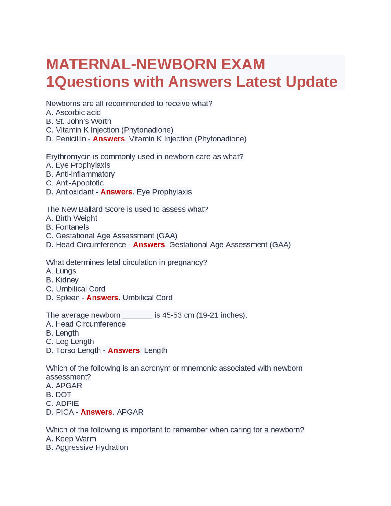 Maternal-Newborn Exam Questions and Answers | Exams Nursing | Docsity