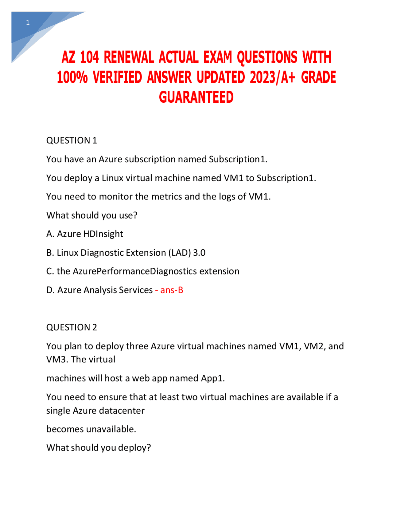 AZ 104 RENEWAL ACTUAL EXAM QUESTIONS WITH 100% VERIFIED ANSWER UPDATED 2023/A+ GRADE | Exams ...