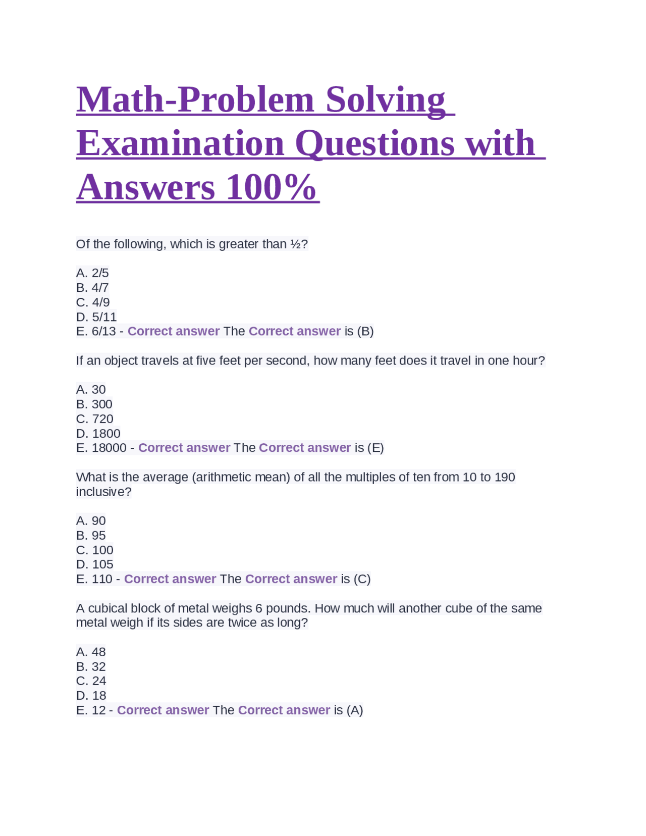 Math Problem Solving Examination Questions with Answers | Exams Mathematics | Docsity