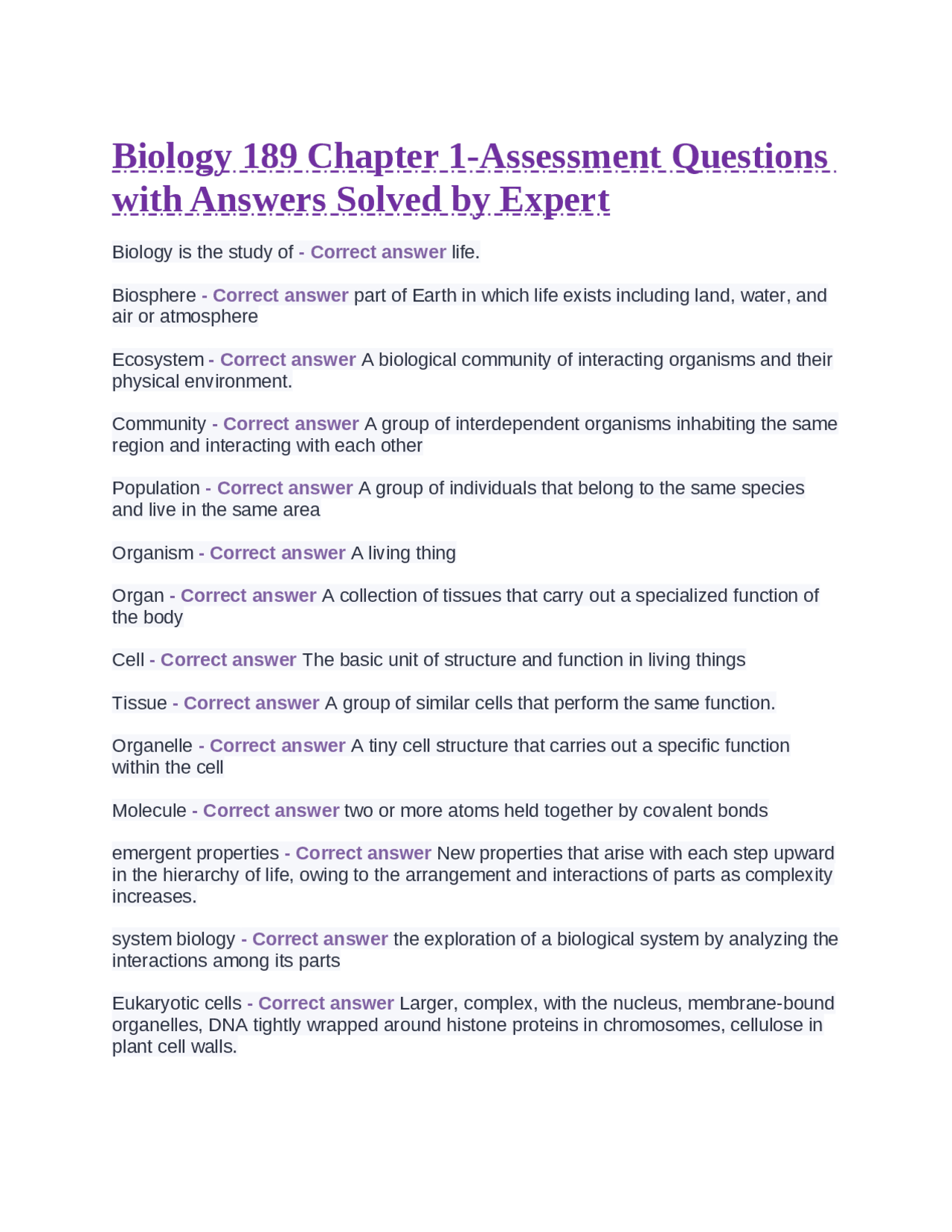 Biology 189: Chapter 1 Assessment Questions and Answers | Exams Biology ...