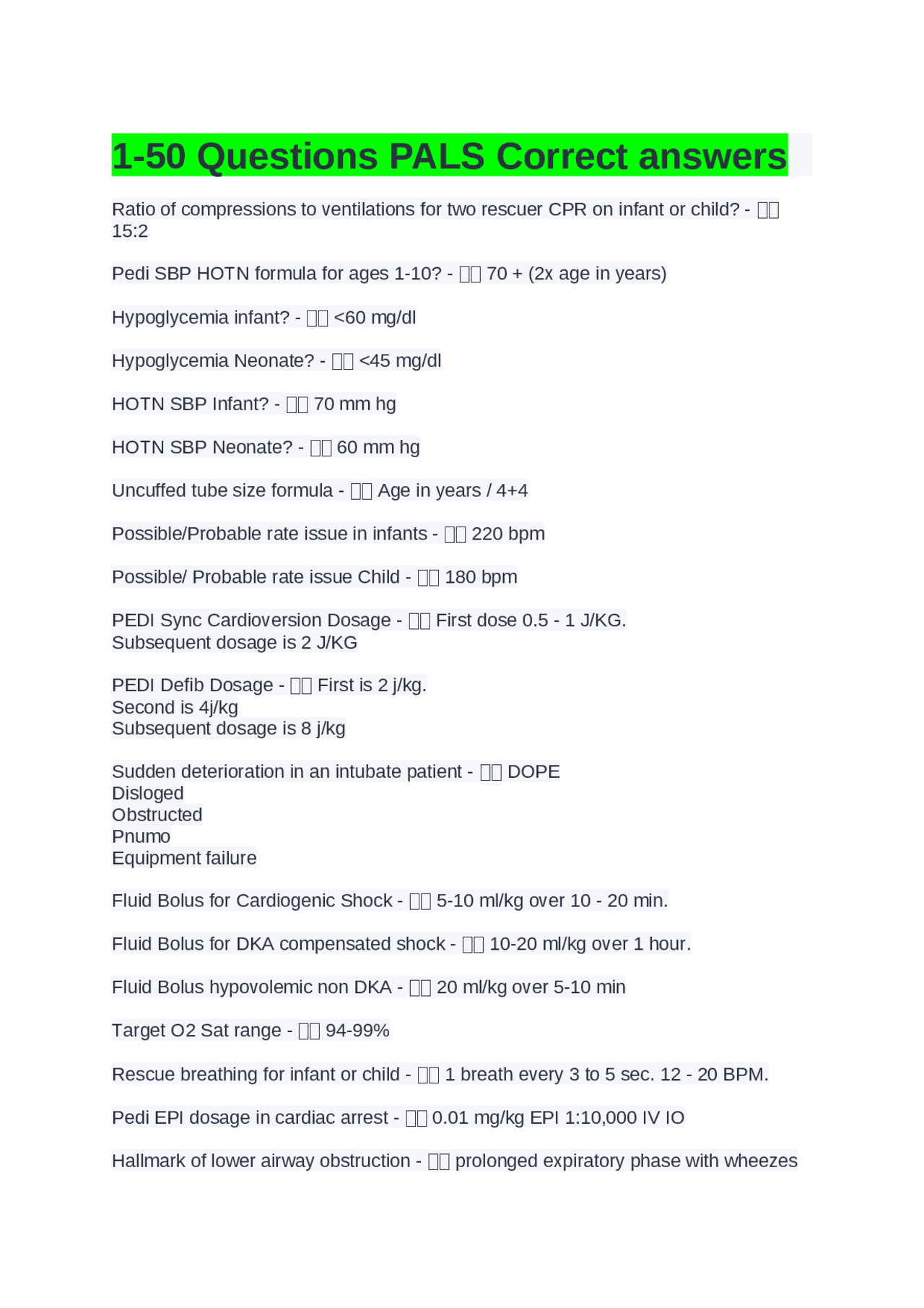 1-50 Questions PALS Correct answers | Exams Nursing | Docsity