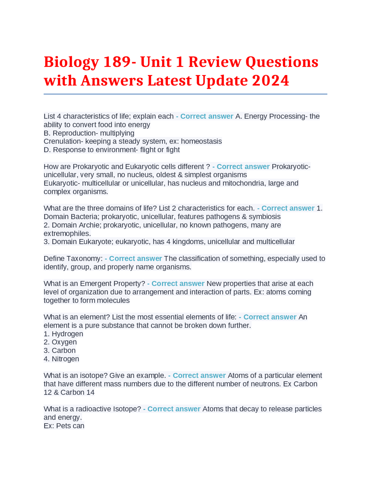 Biology 189 Unit 1 Review Questions and Answers (2024) | Exams Biology ...
