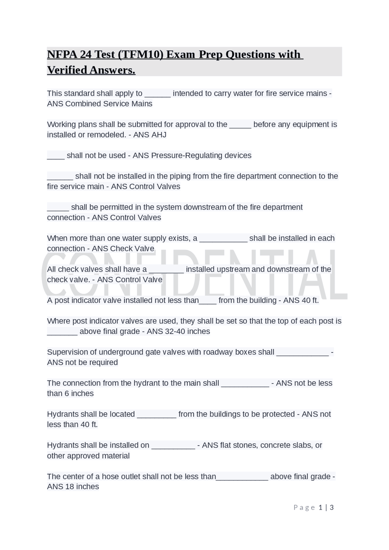 NFPA 24 Test (TFM10) Exam Prep Questions with Verified Answers. | Exams ...