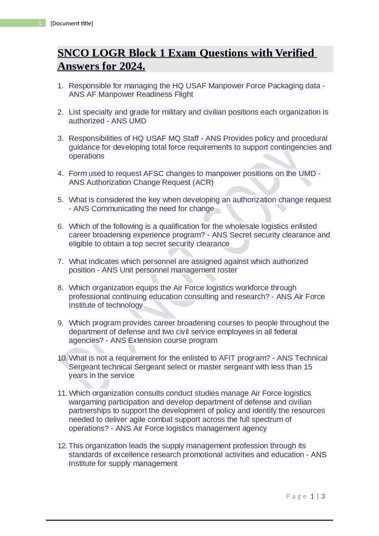 2024 Air Force Logistics Exam Q&A: SNCO LOGR Block 1 | Exams Theory of ...
