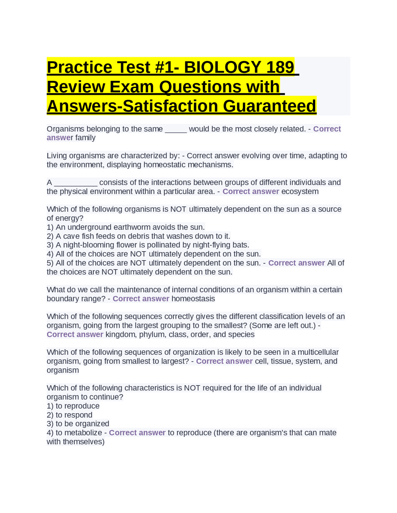Biology: Characteristics of Organisms and Classification | Exams ...