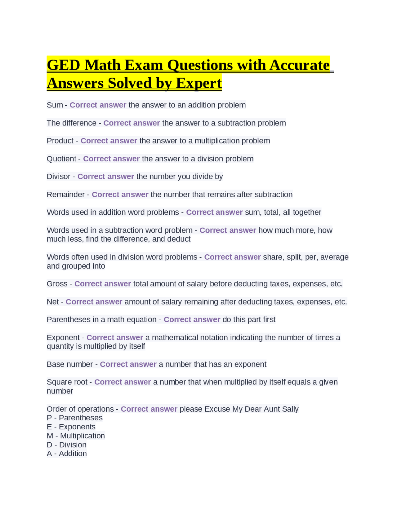 GED Math Exam: Understanding Math Concepts and Solving Problems | Exams Mathematics | Docsity
