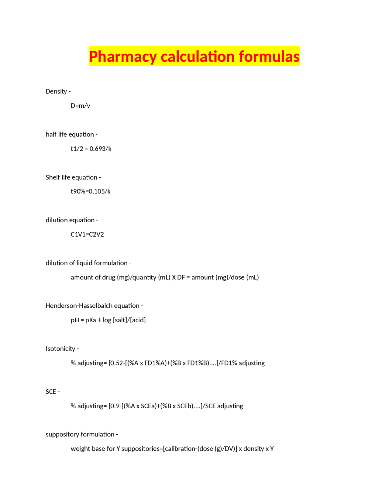 Pharmacy Calculation Formulas: Density, Half-Life, Shelf Life, Dilution ...