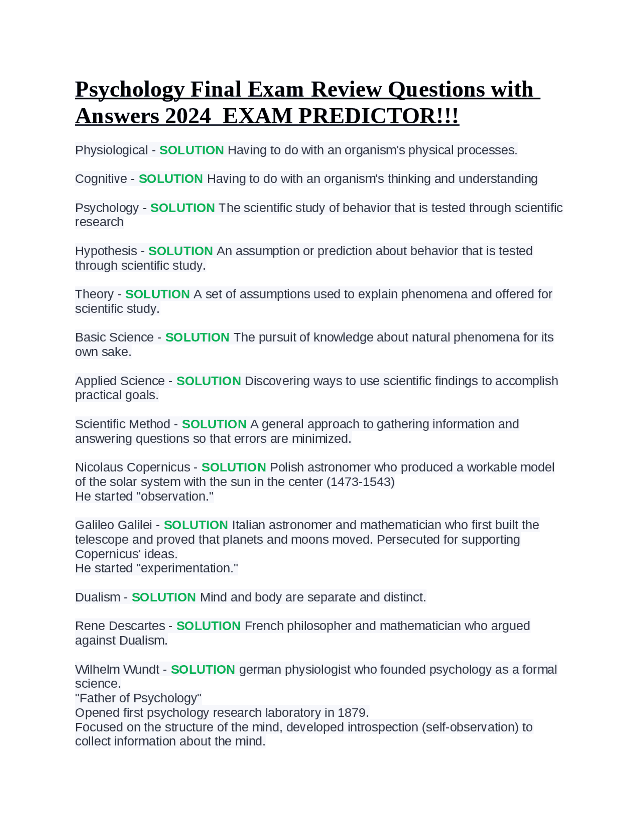 Psychology Final Exam Review Questions with Answers 2024 EXAM PREDICTOR ... Psychology Final Exam Review Questions with Answers 2024 EXAM PREDICTOR ...
