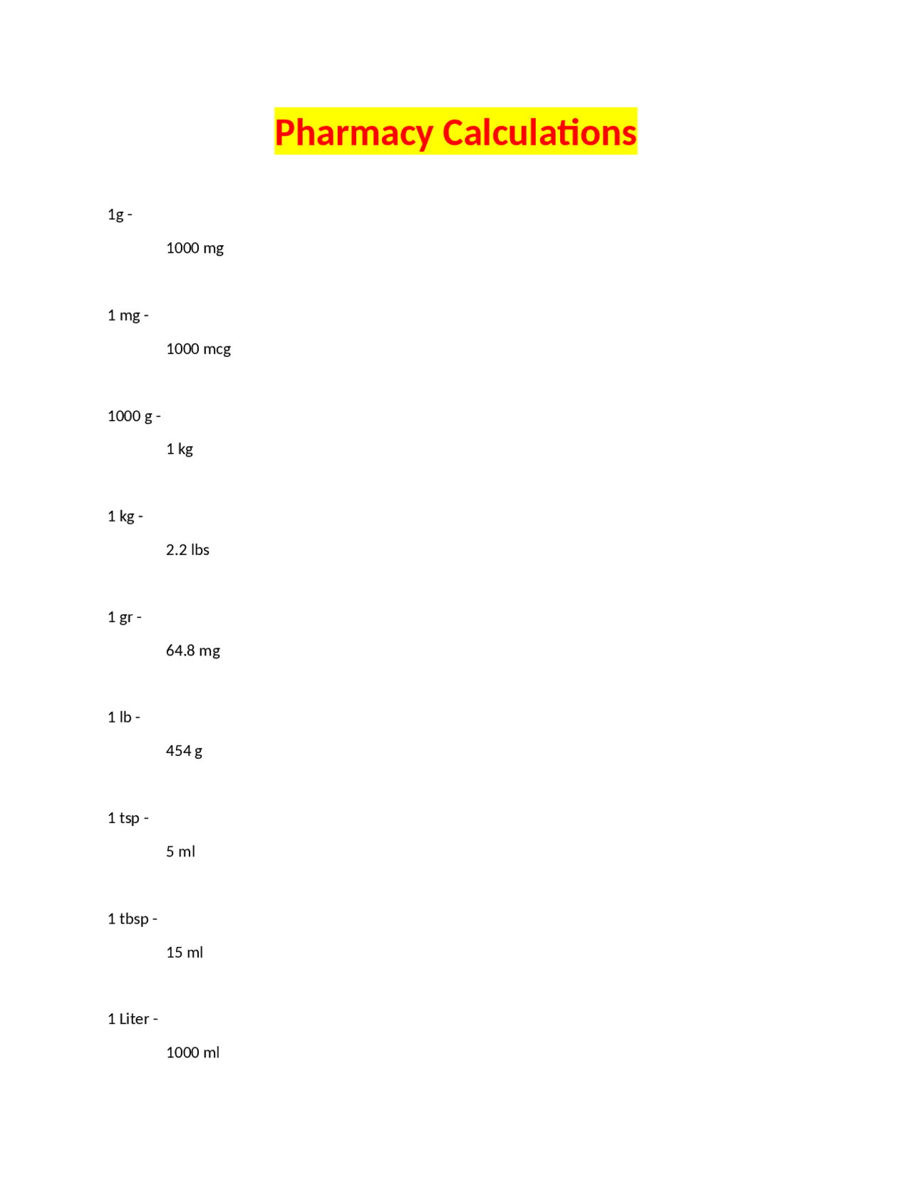 Pharmacy calculation Pharmacy calculation | Exams Pharmacy | Docsity