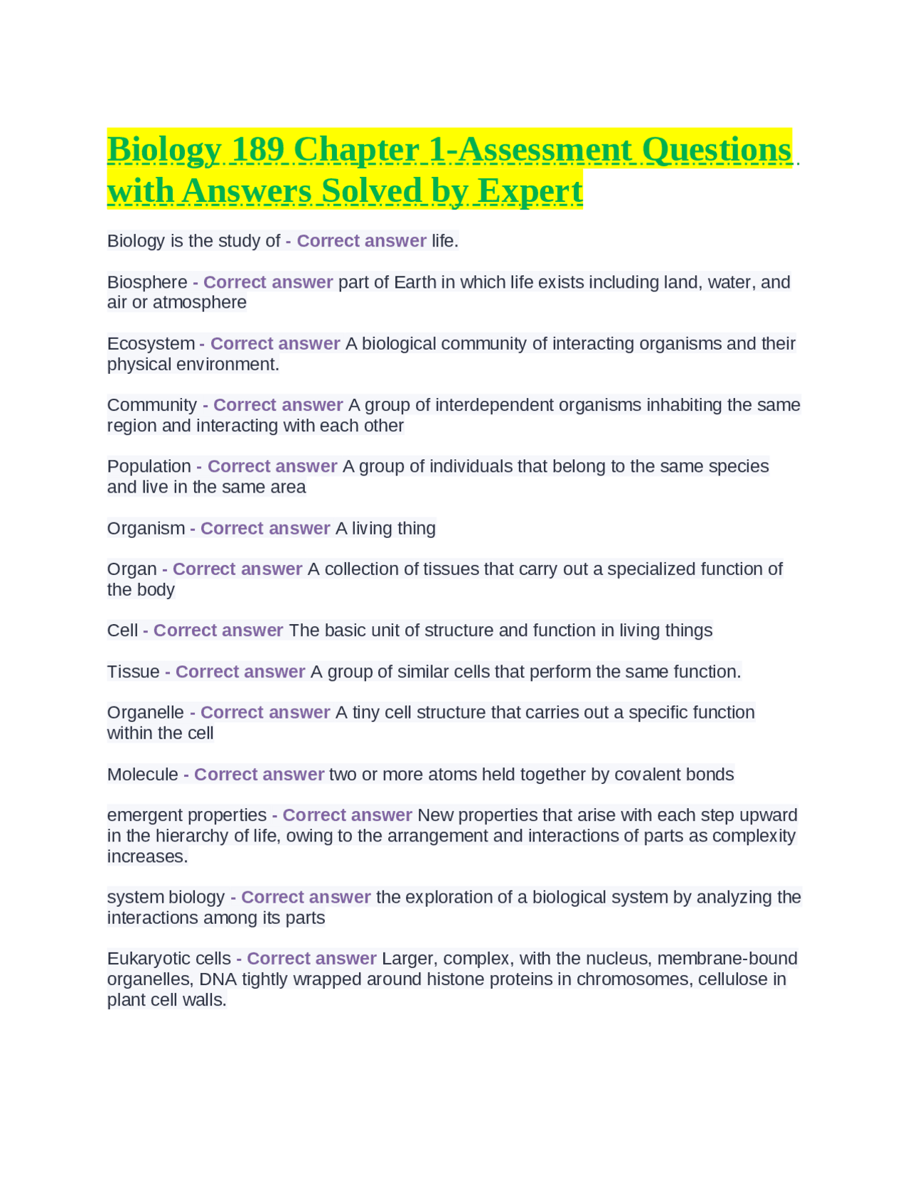 Biology 189: Chapter 1 Assessment Questions and Answers | Exams Biology | Docsity