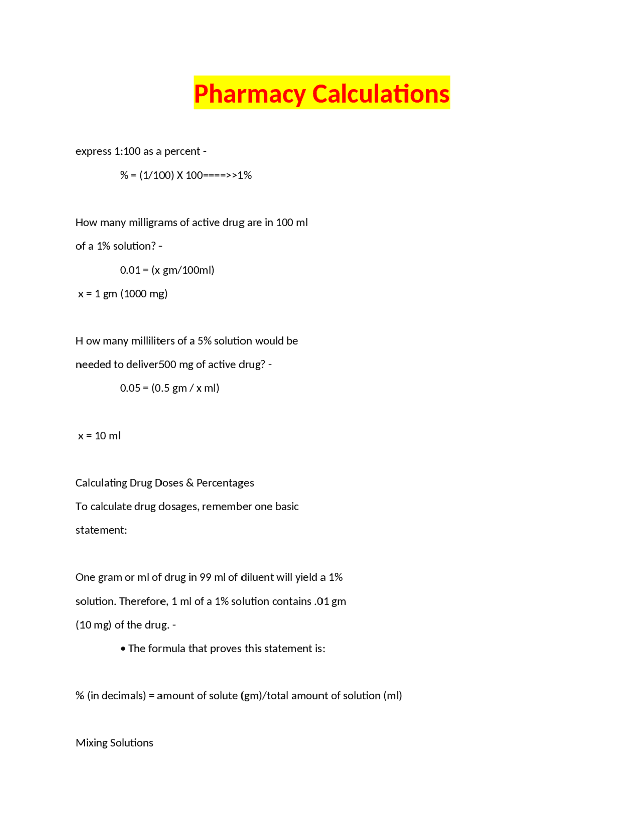 Pharmacy Calculations: Drug Dosages and Percentages | Exams Nursing ...