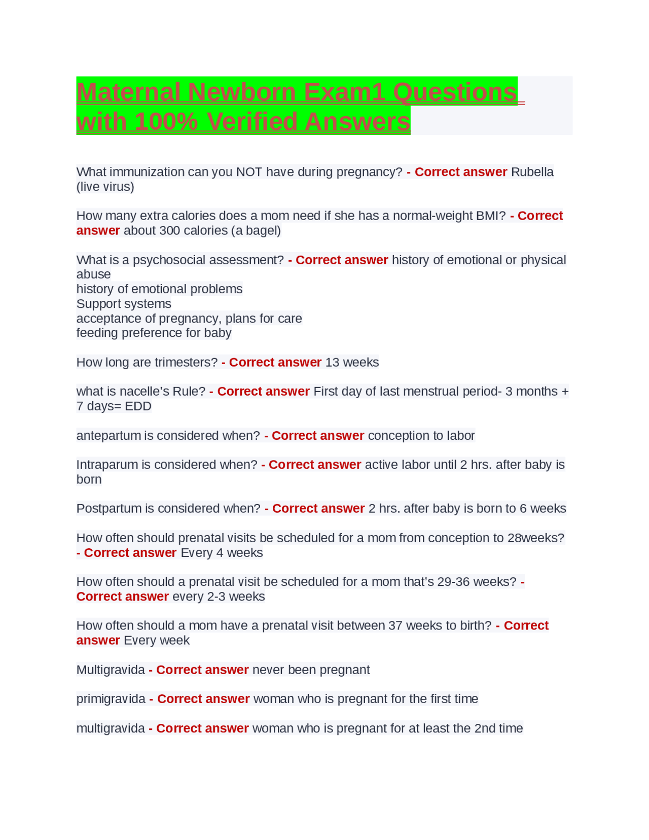 Pregnancy and Labor: Key Concepts and Answers | Exams Nursing | Docsity