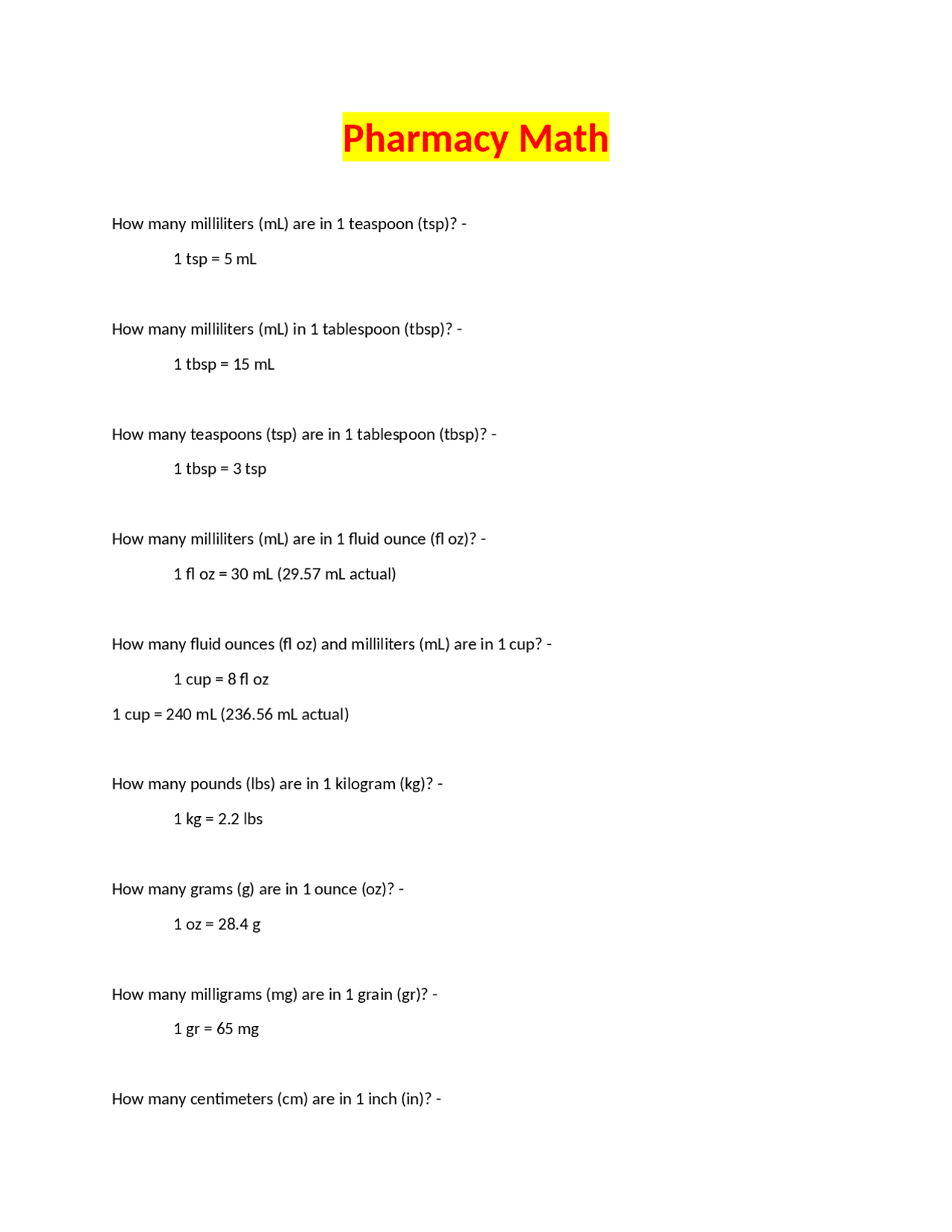Pharmacy and Chemistry Conversions: Measuring Units for Liquids ...