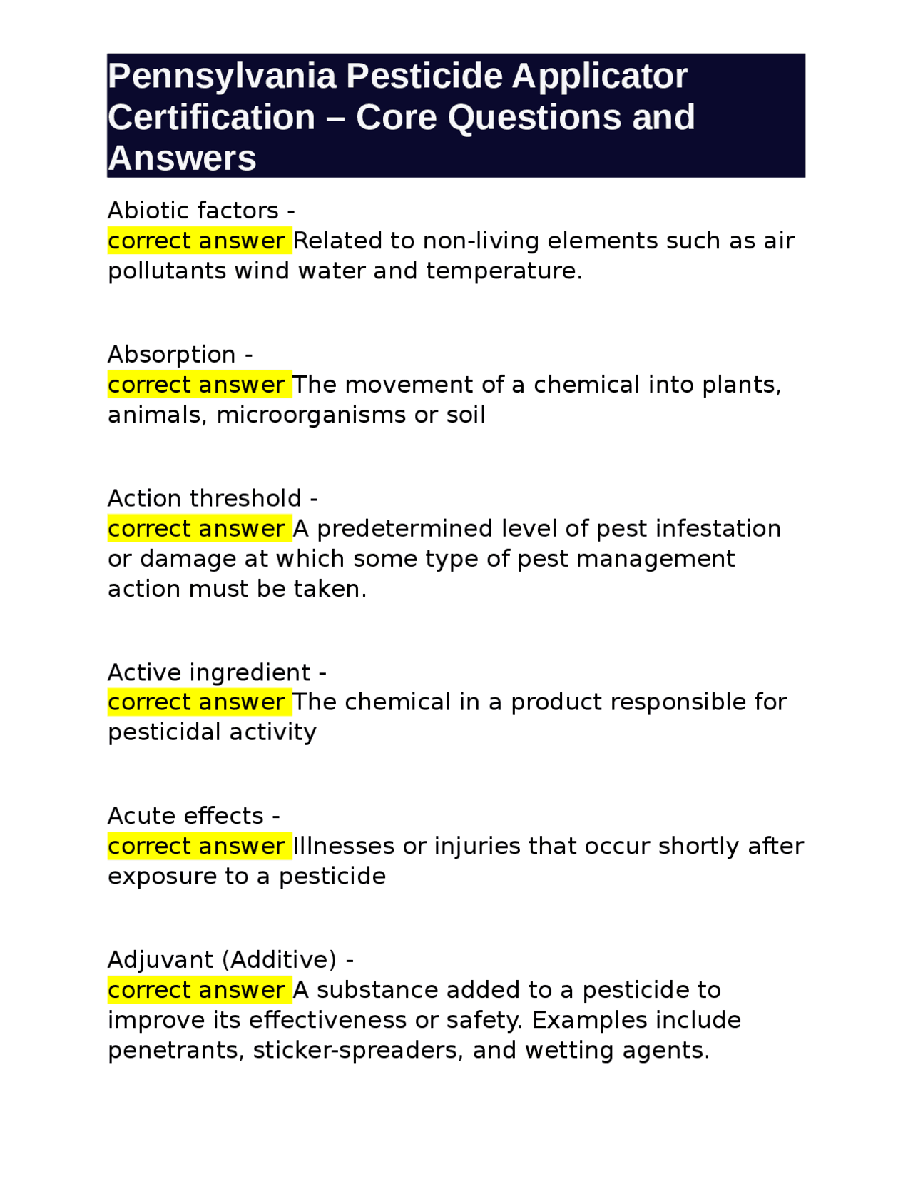 Pennsylvania Pesticide Applicator Certification – Core Questions and ...
