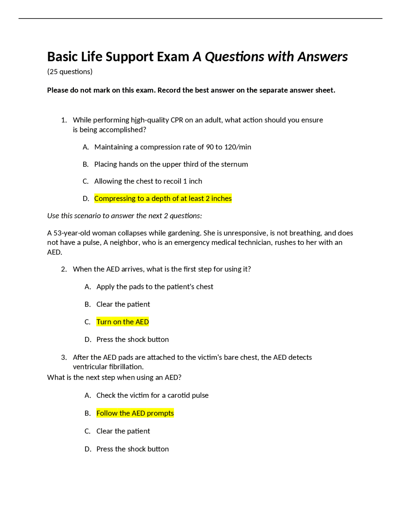 Basic Life Support Exam A Questions with Answers | Exams Nursing | Docsity