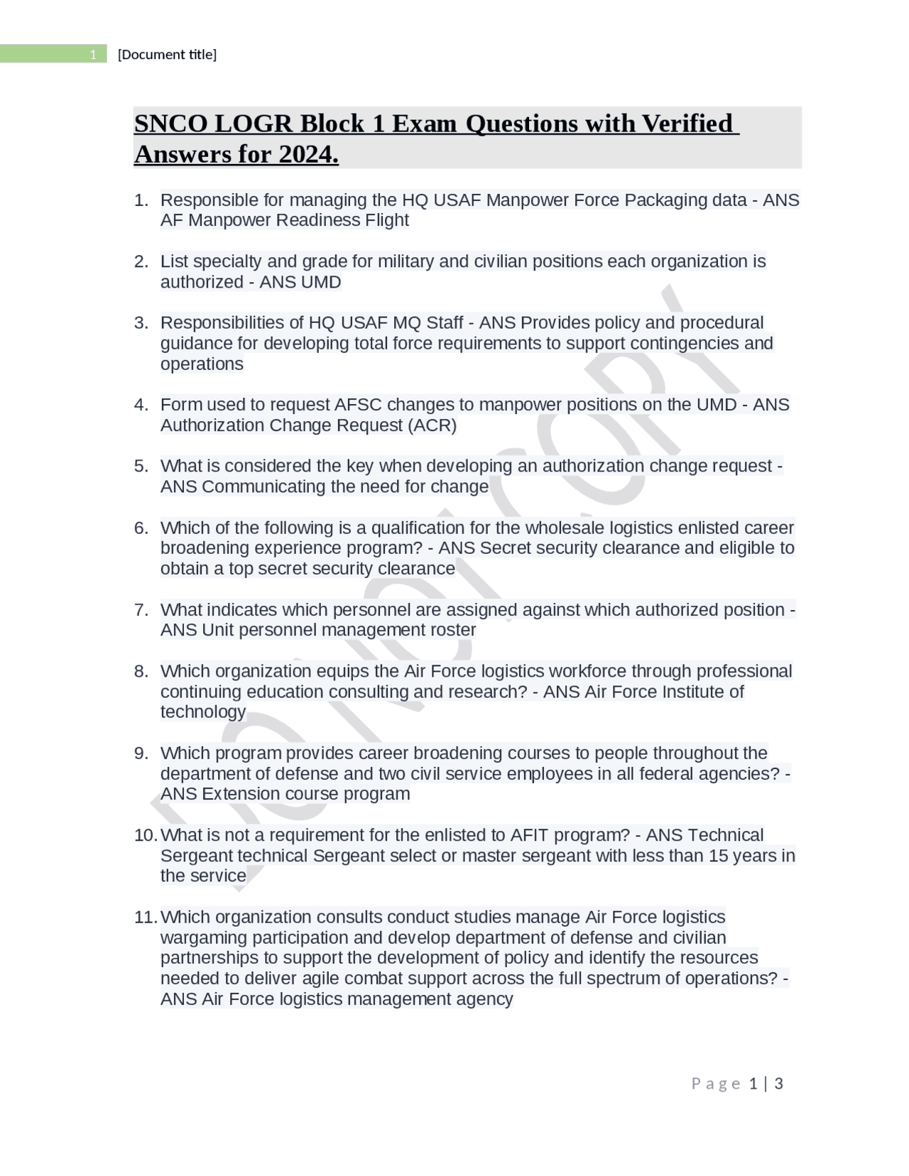SNCO LOGR Block 1 Exam Questions with Verified Answers for 2024 ...
