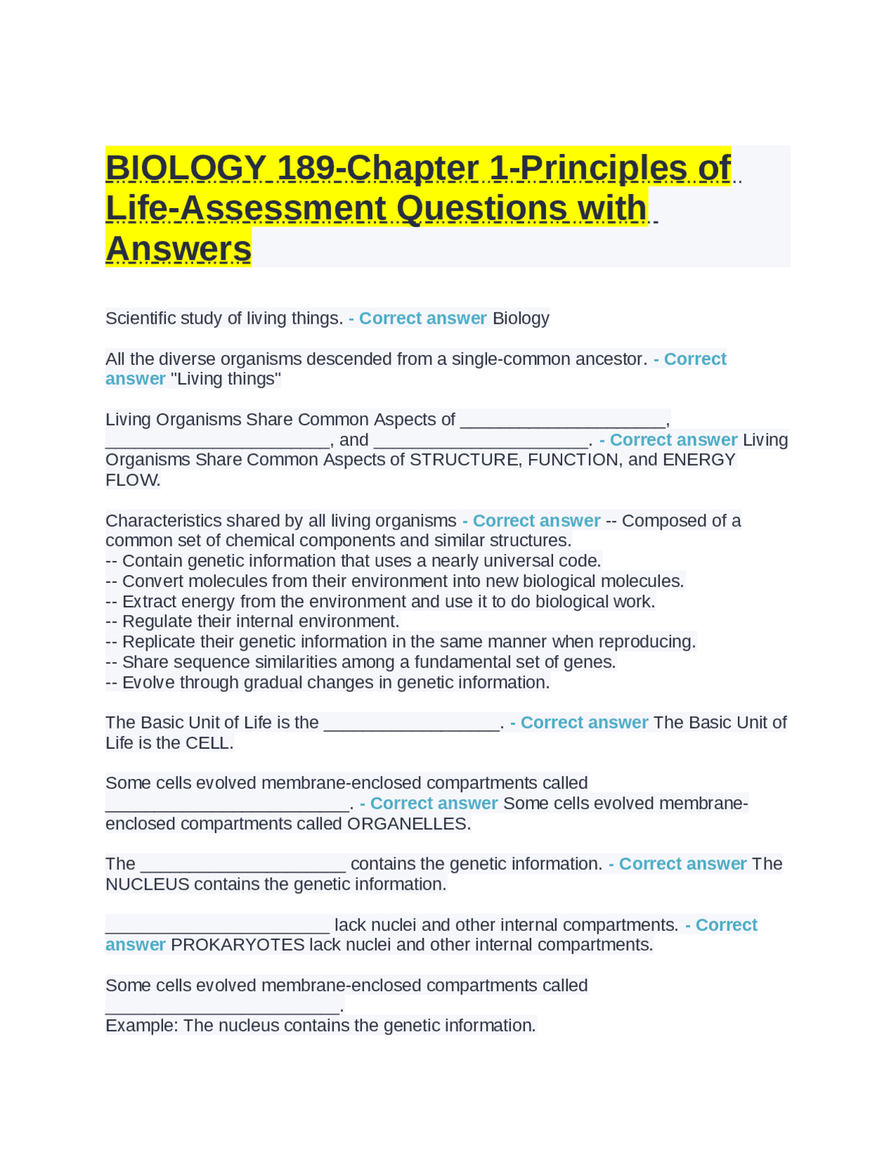 Biology 189: Chapter 1 - Principles of Life: Assessment Questions and ...