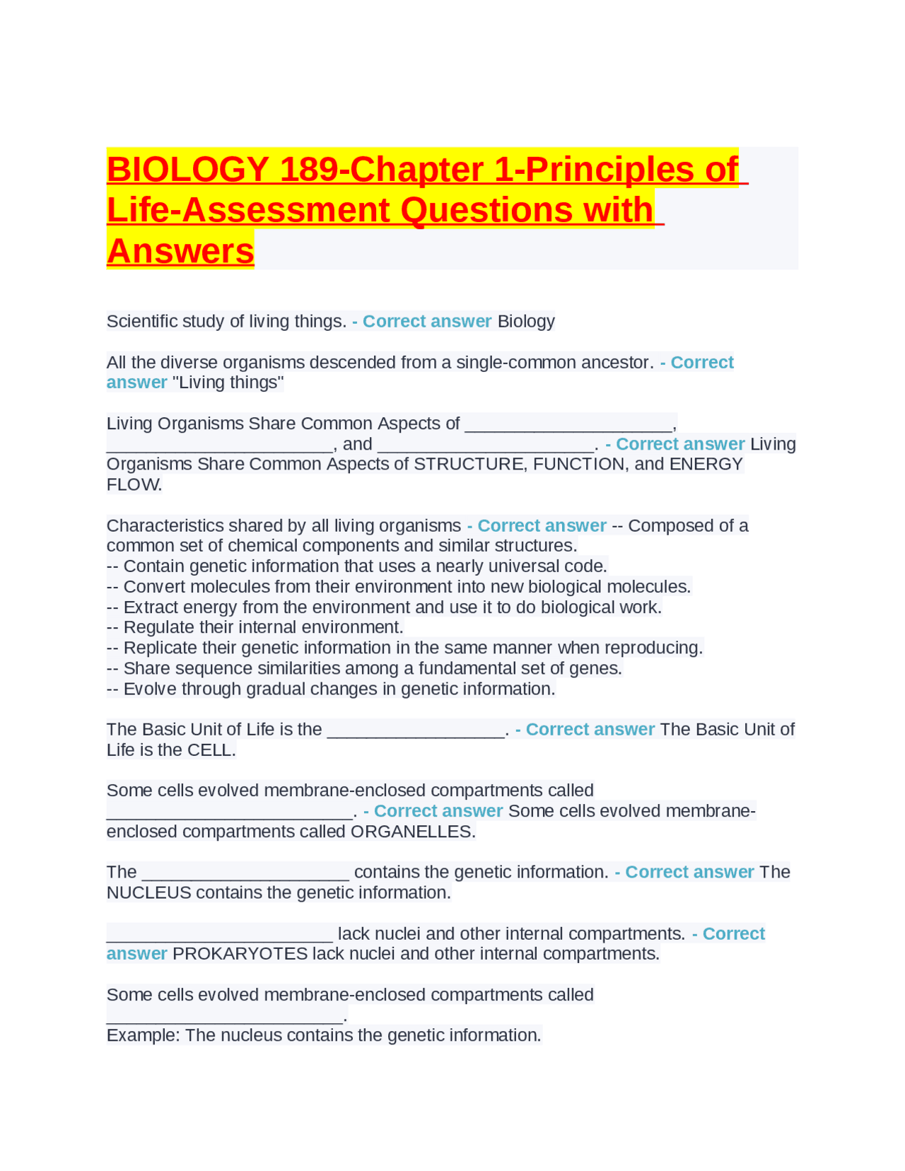 Biology 189: Chapter 1 - Principles of Life: Assessment Questions and ...