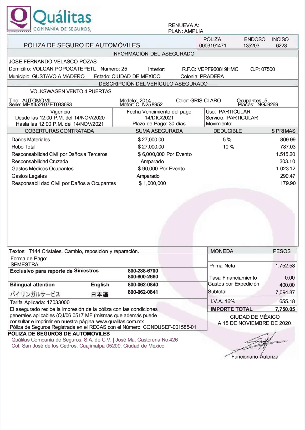 Póliza qualitas editable para t | Tesis de Derecho | Docsity