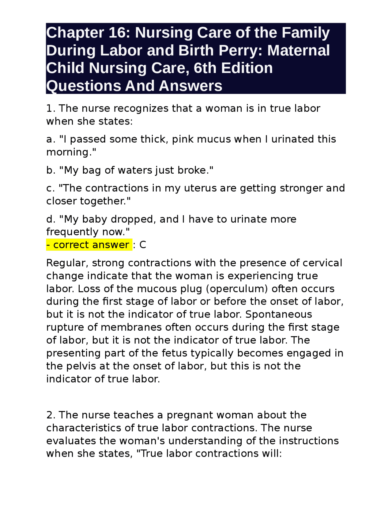 Nursing Care of the Family: Understanding Labor and Birth - Questions ...