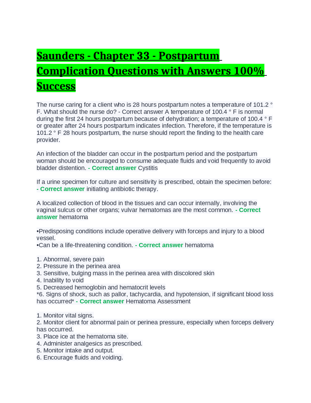 Saunders - Chapter 33 - Postpartum Complication Questions with Answers 100% Success | Exams ...