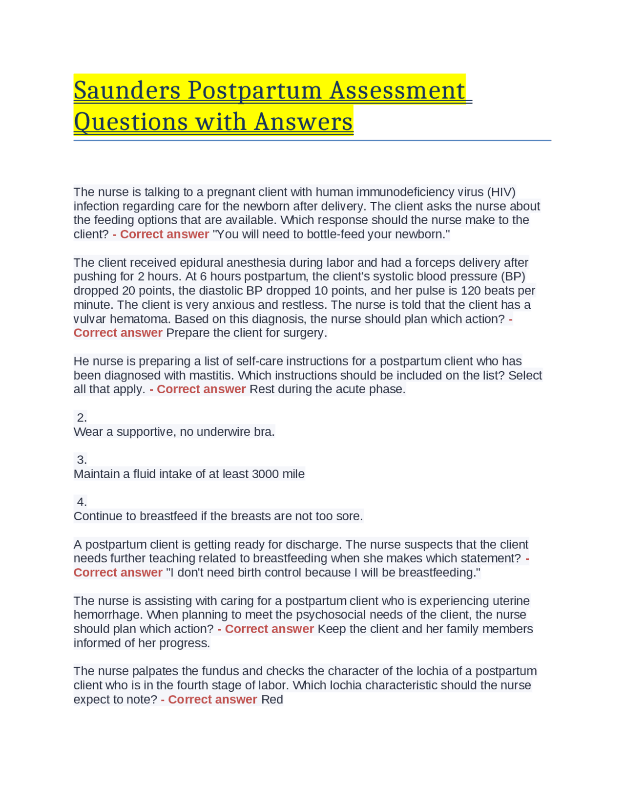 Postpartum Care Instructions and Assessments | Exams Nursing | Docsity