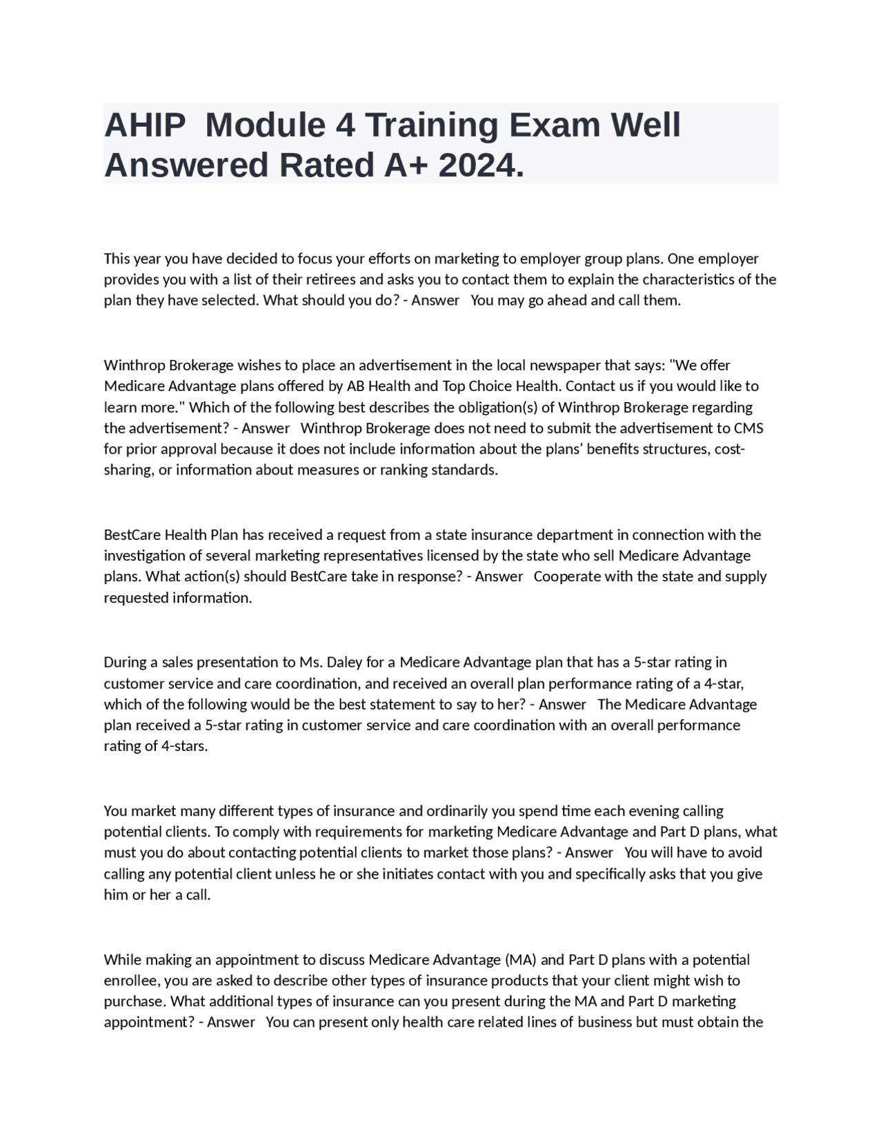 AHIP Module 4 Training Exam: Marketing Medicare Plans | Exams Nursing ...