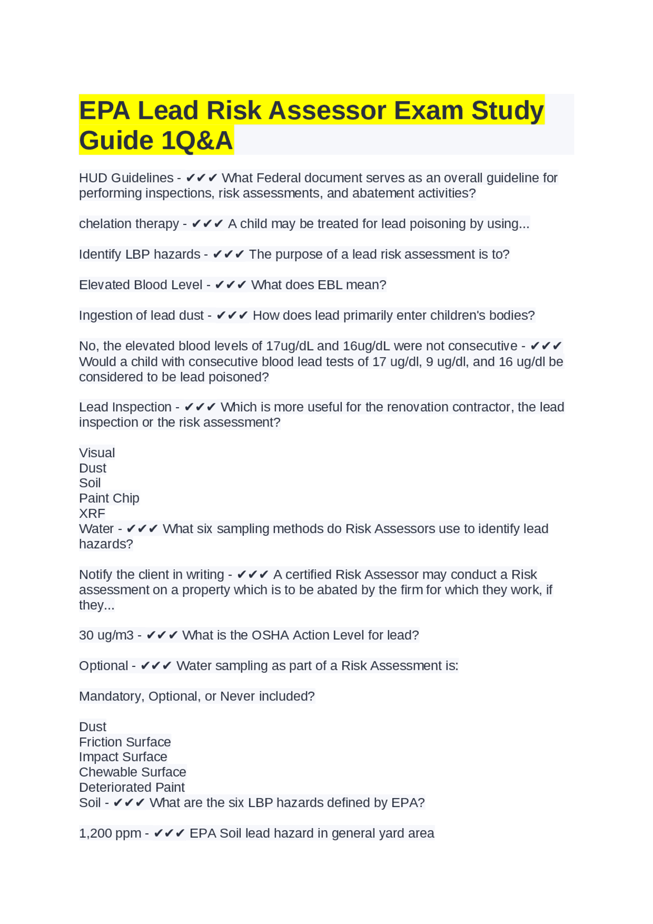 Lead Risk Assessment Study Guide: EPA Guidelines and Sampling Methods ...