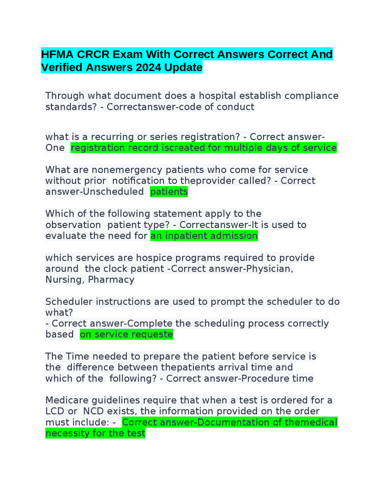 HFMA CRCR Exam With Correct Answers Correct And Verified Answers 2024 ...