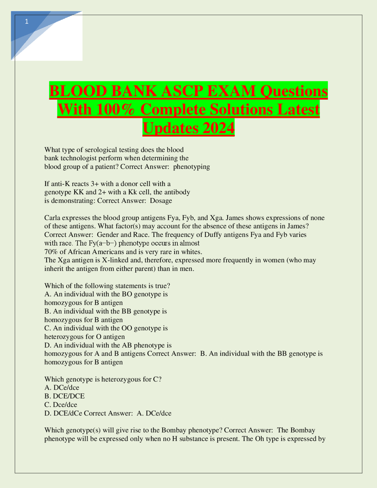 BLOOD BANK ASCP EXAM Questions With 100% Complete Solutions Latest ...
