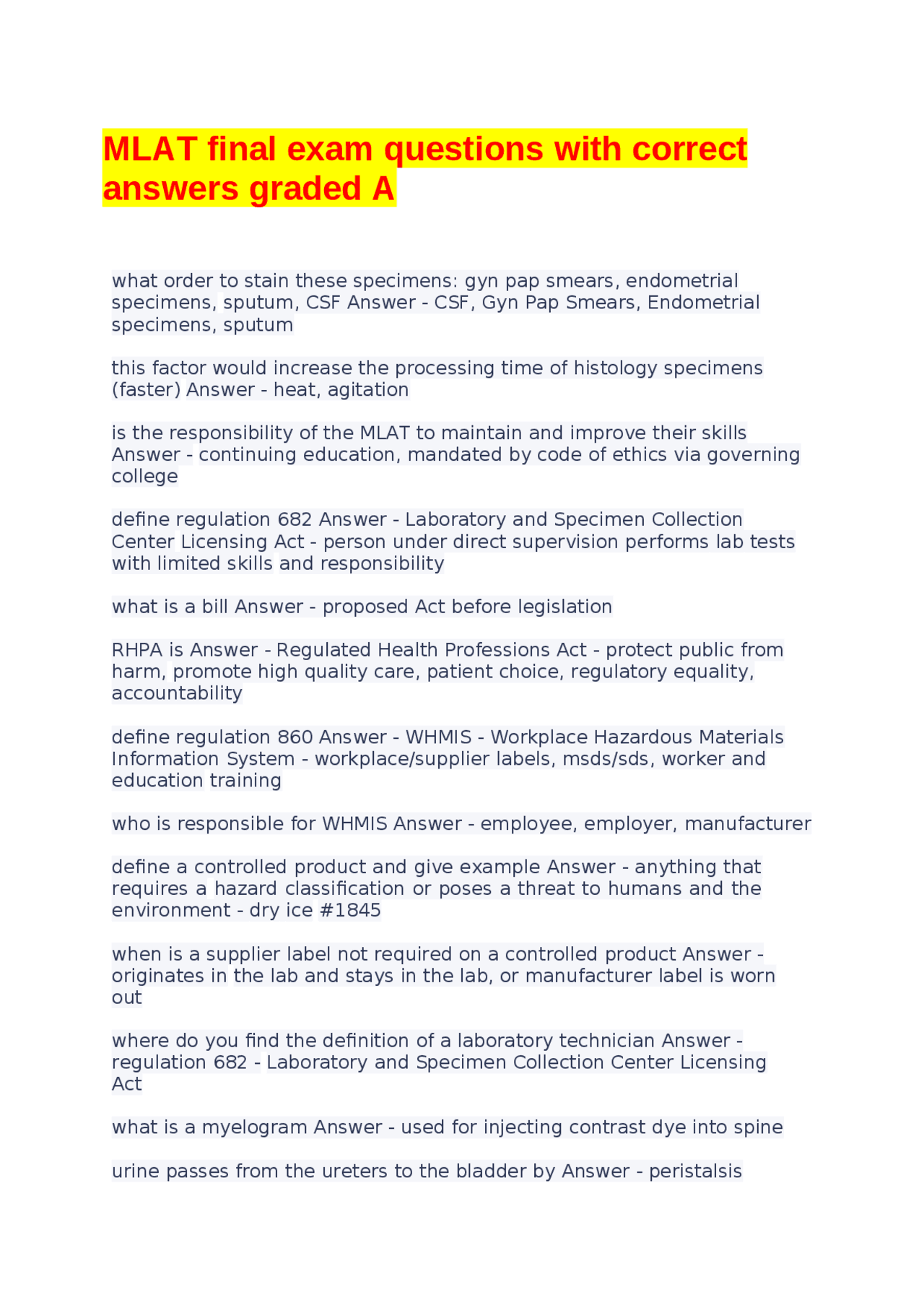 MLAT final exam questions with correct answers graded A | Exams Nursing ...