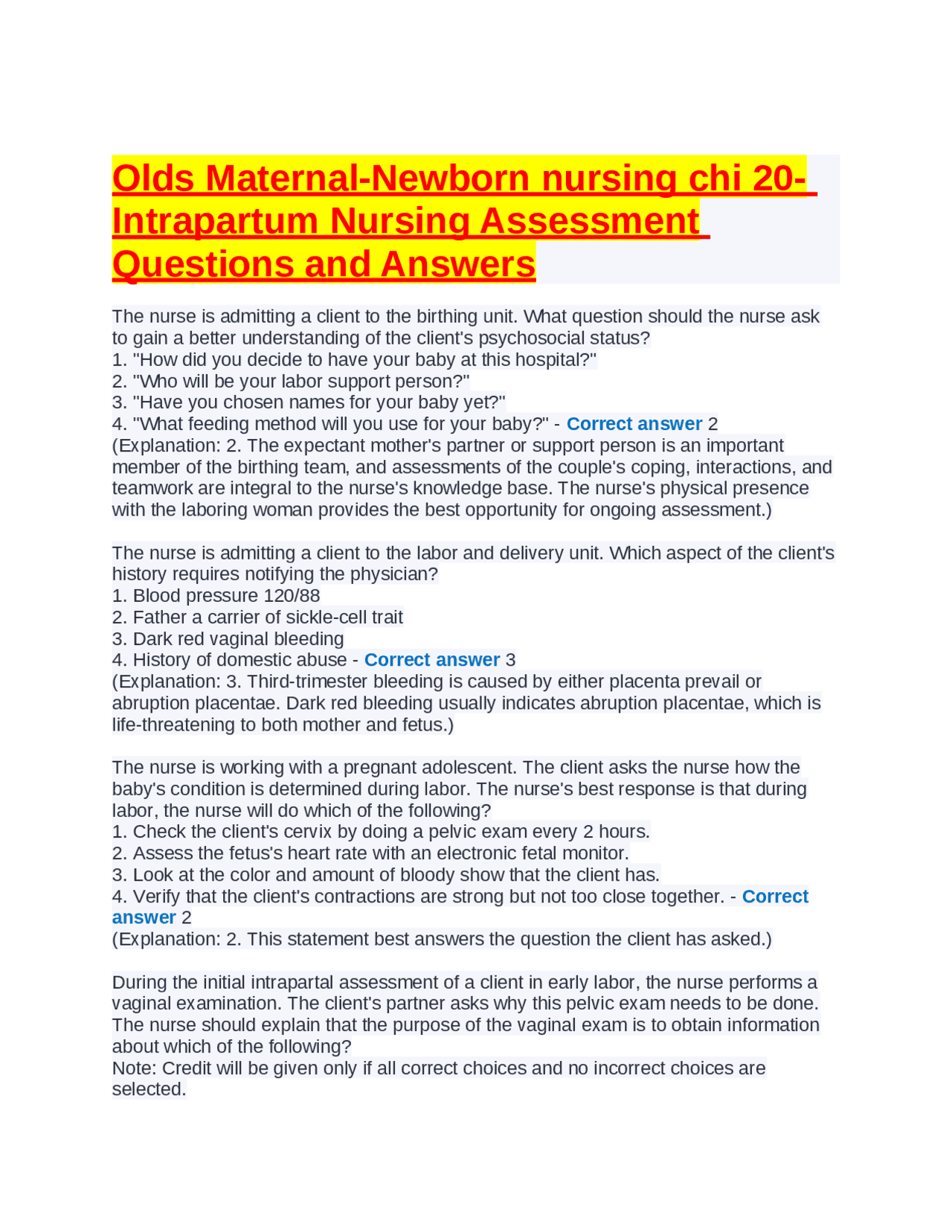 Labor and Delivery: Assessing Fetal Condition during Labor | Exams ...