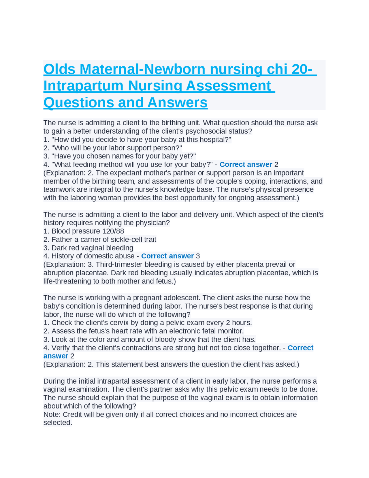 Labor and Delivery: Assessing Fetal Condition during Labor | Exams ...