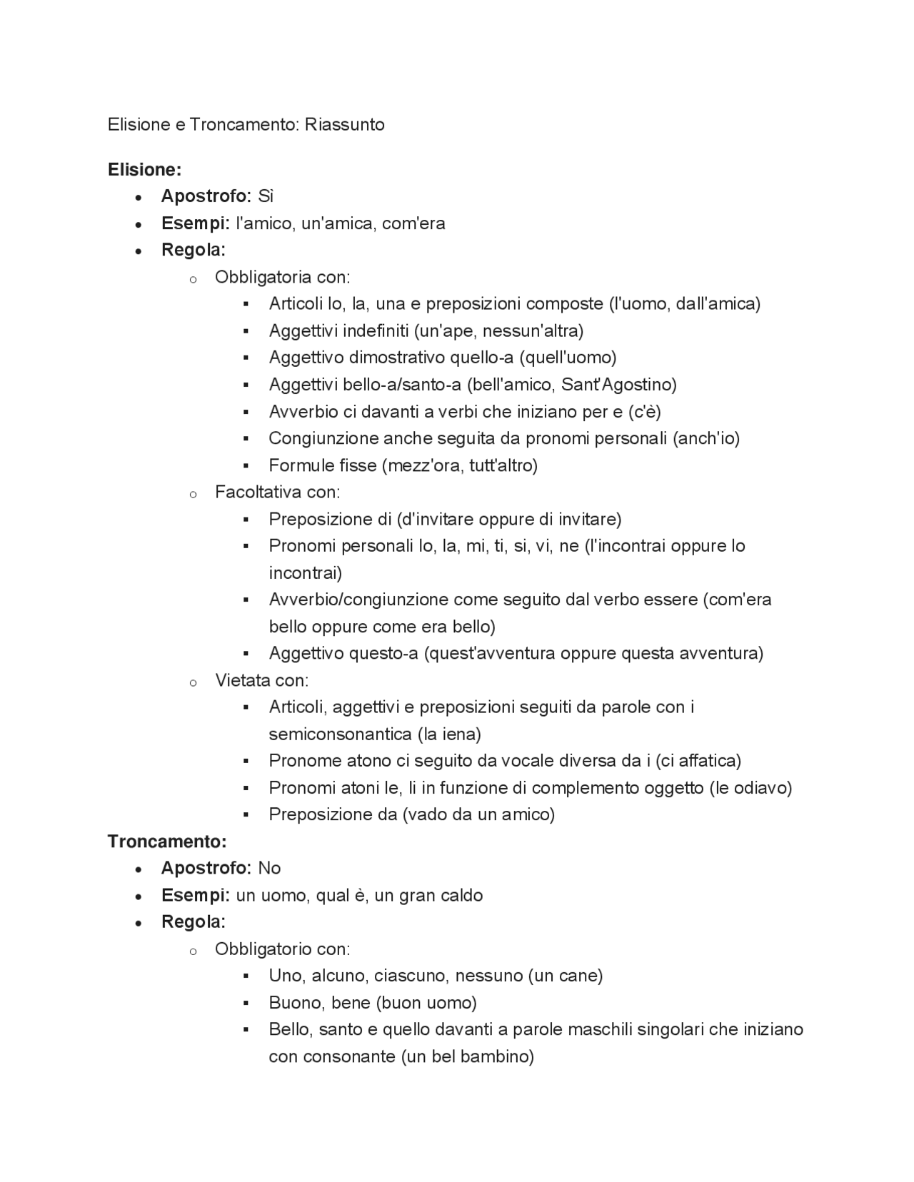 Riassunto per il troncamento | Summaries Italian Language | Docsity