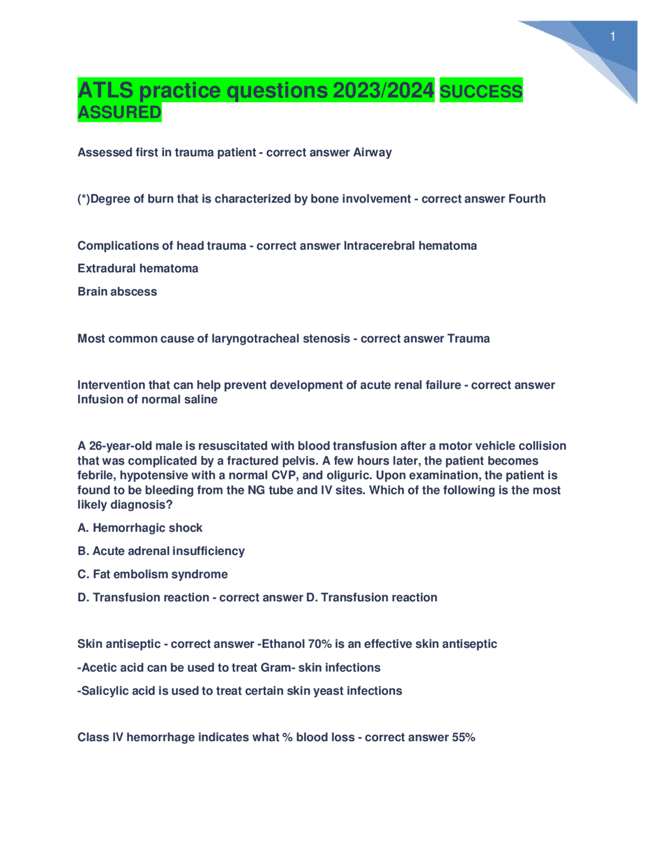 ATLS practice questions 2023/2024 SUCCESS ASSURED | Exams Nursing | Docsity