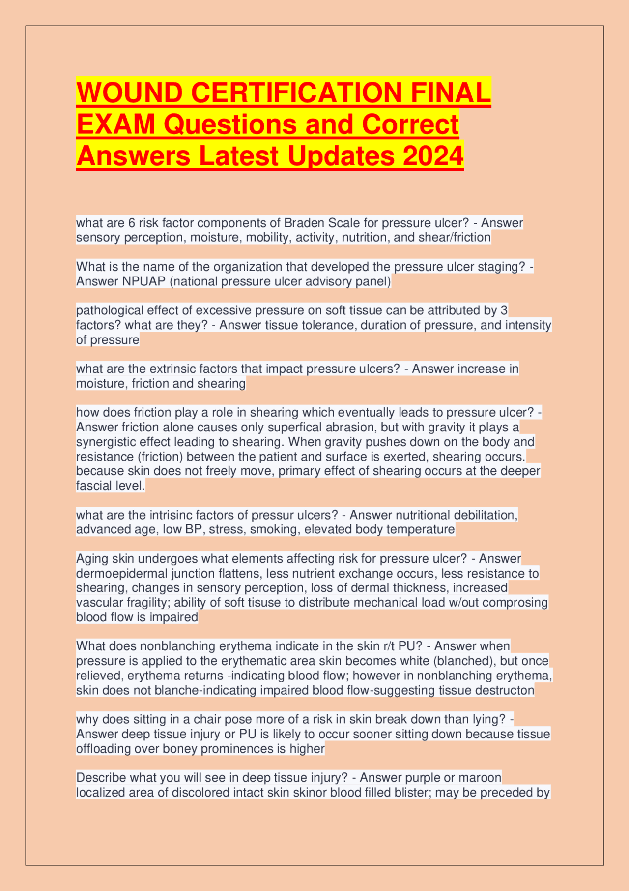 WOUND CERTIFICATION FINAL EXAM Questions and Correct Answers Latest ...