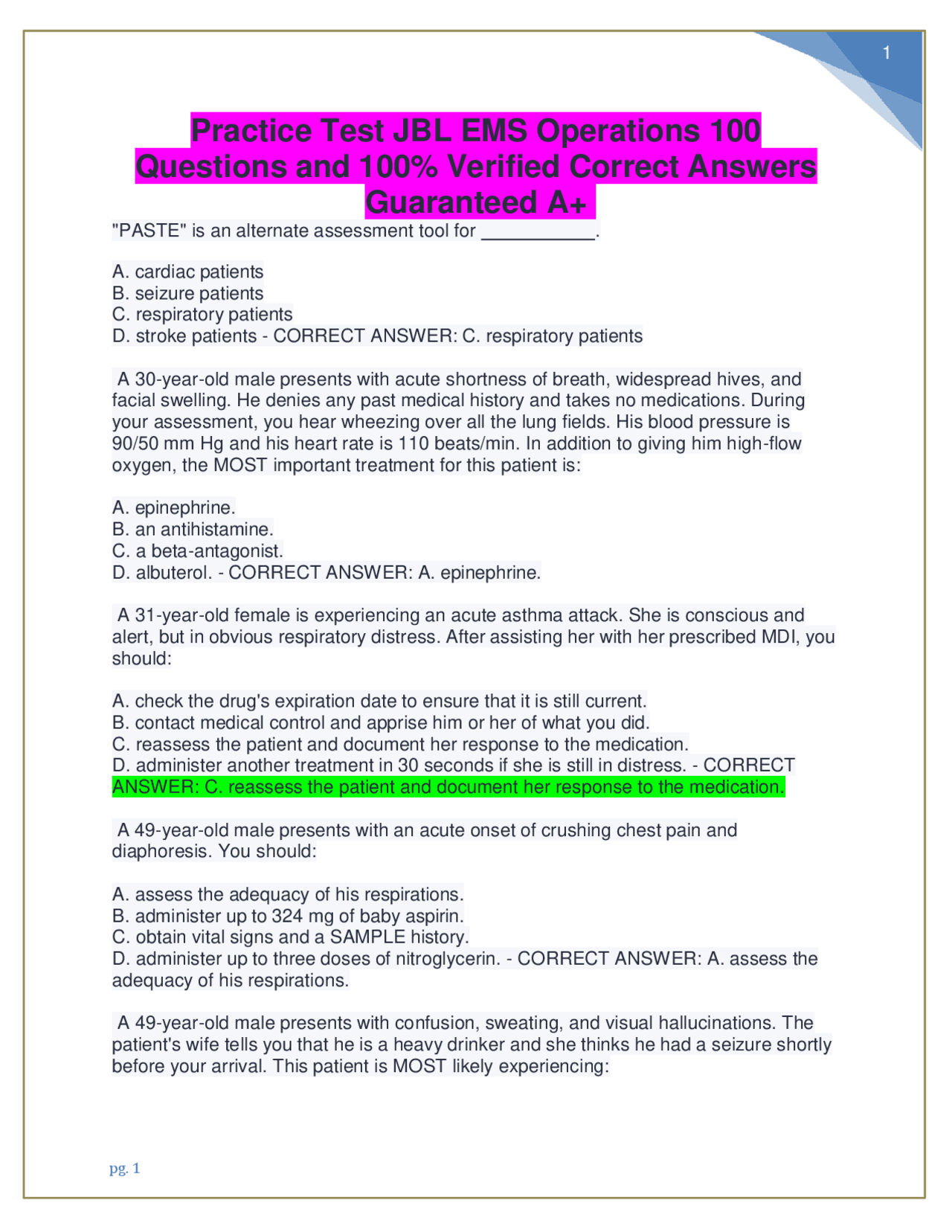 JBL EMS Operations 100 Practice Test: Respiratory and Cardiac ...