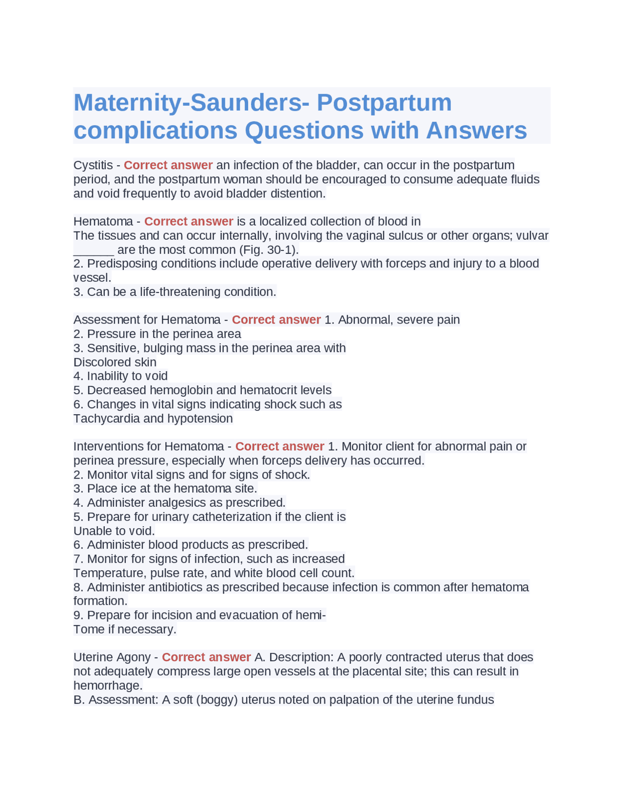 Postpartum Complications: Questions and Answers | Exams Nursing | Docsity