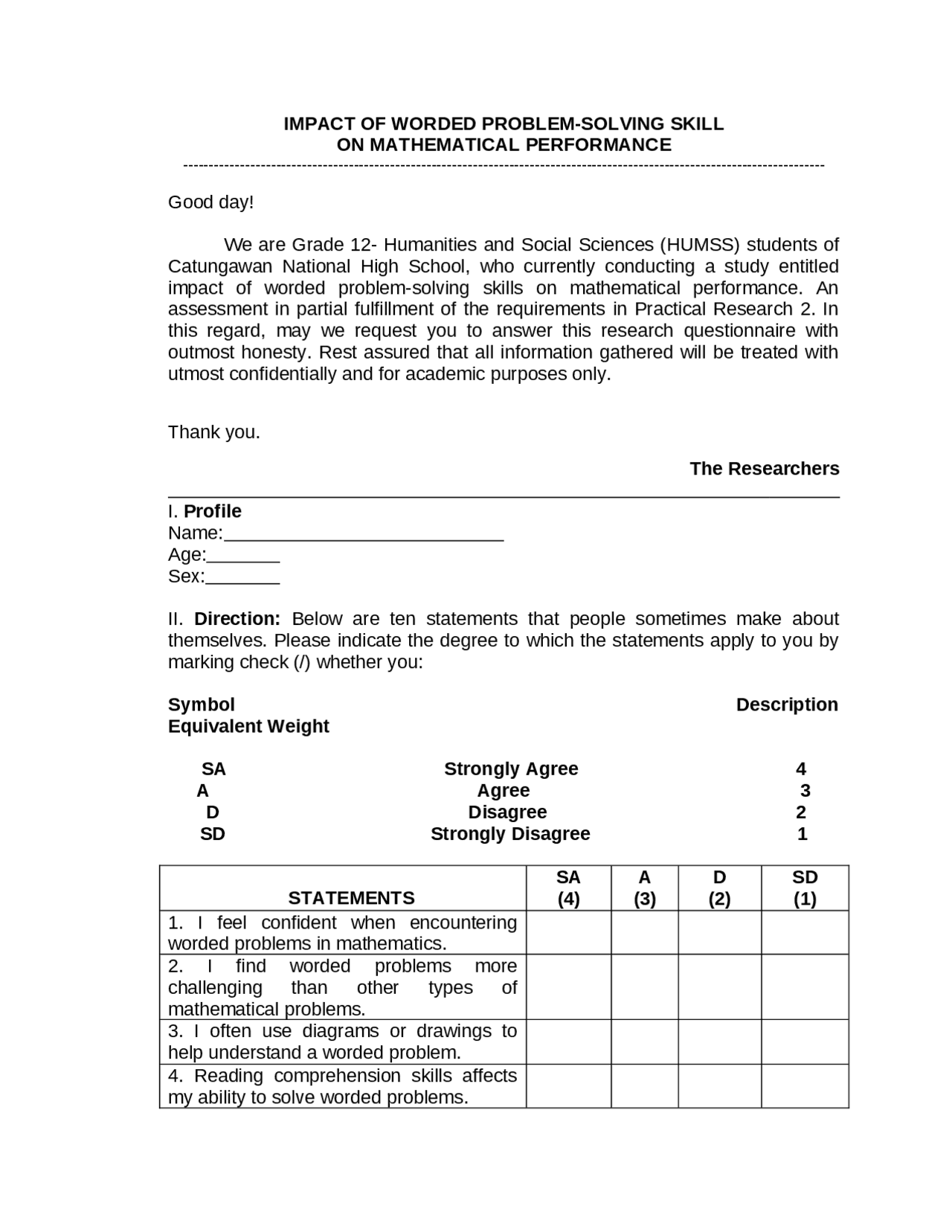Standardized Questionnaire for Practical Research 2 | Essays (high ...