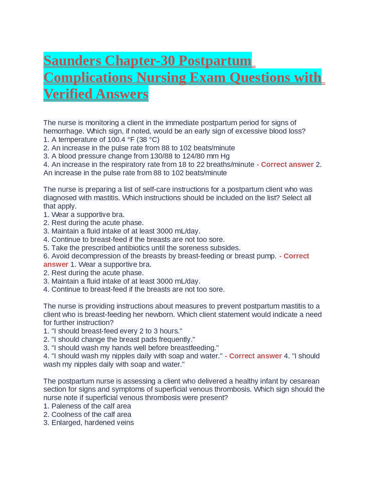 Postpartum Complications Nursing Exam Questions And Answers Exams Postpartum Complications Nursing Exam Questions And Answers Exams