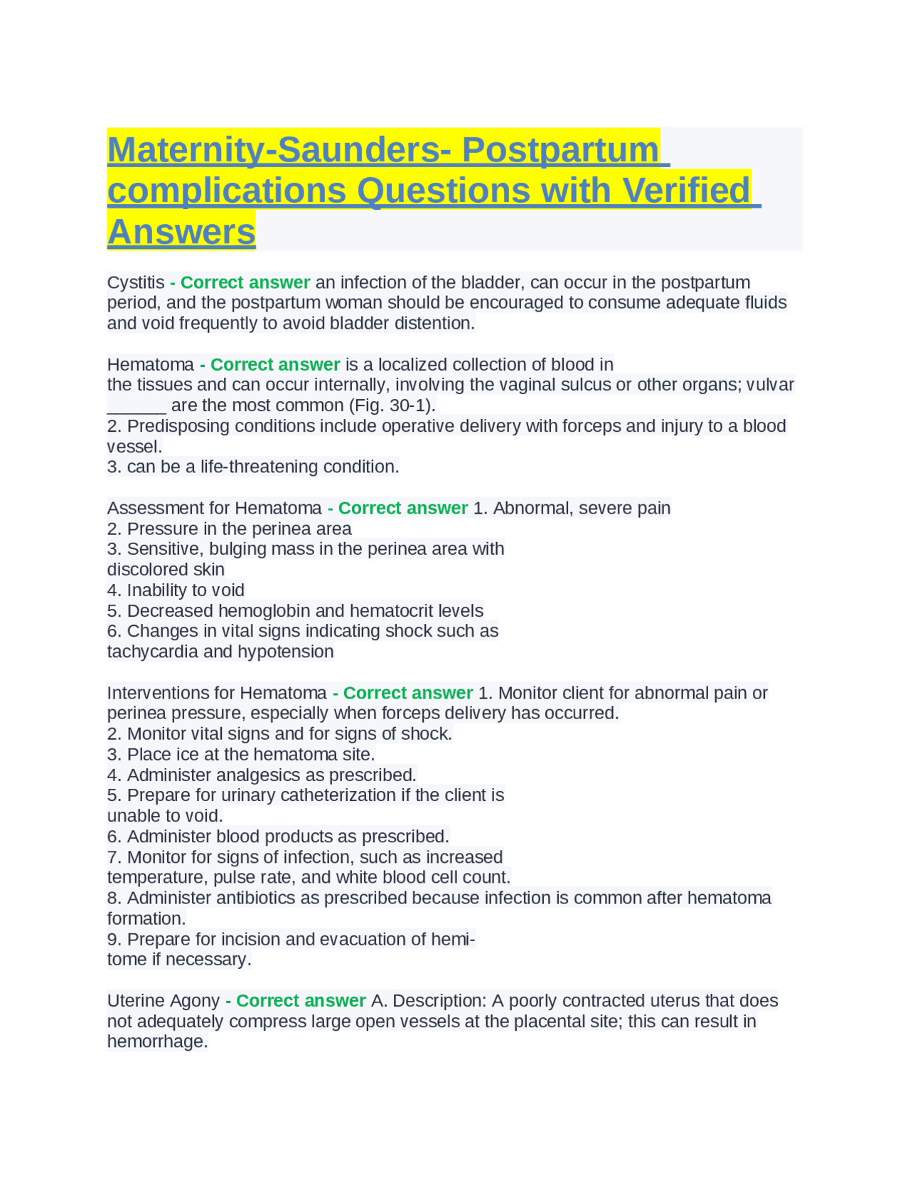 Postpartum Complications: Cystitis, Hematoma, Uterine Agony, Hemorrhage ...