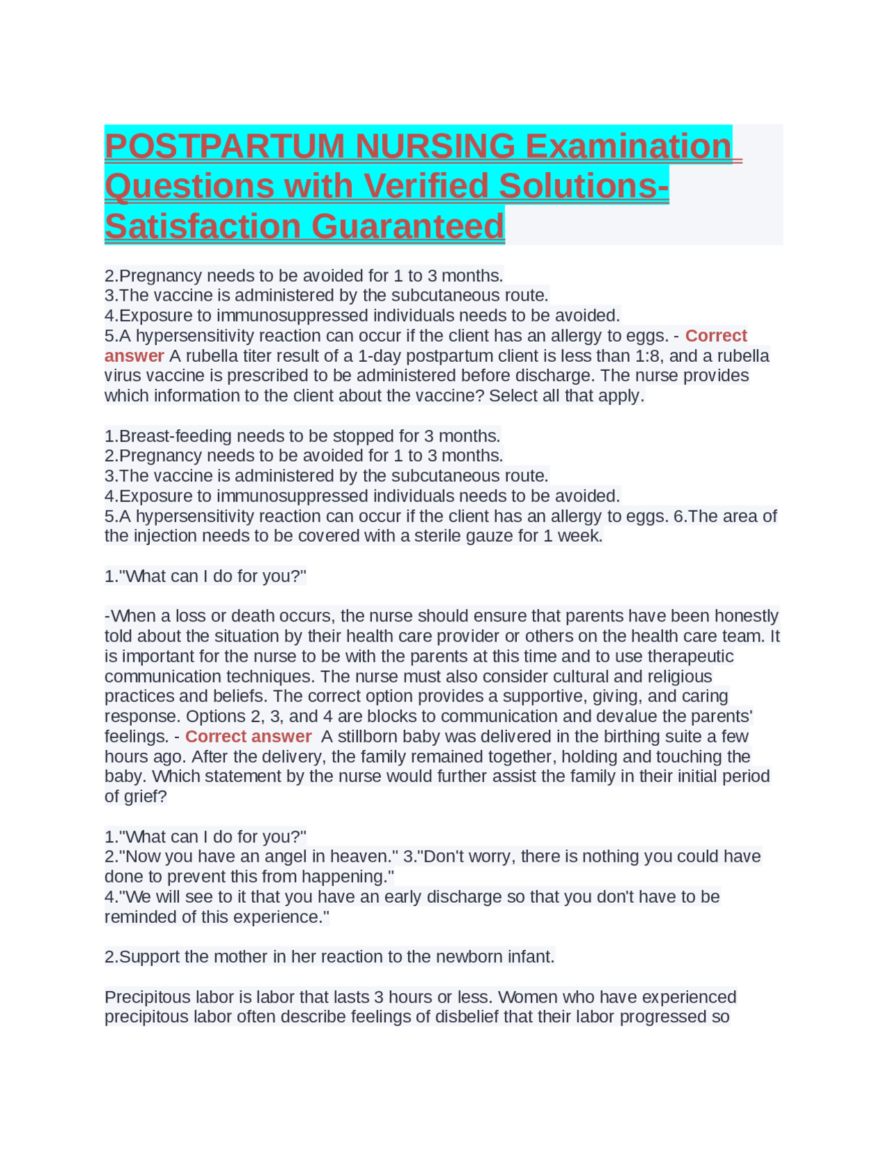 Postpartum Nursing Care and Considerations | Exams Nursing | Docsity