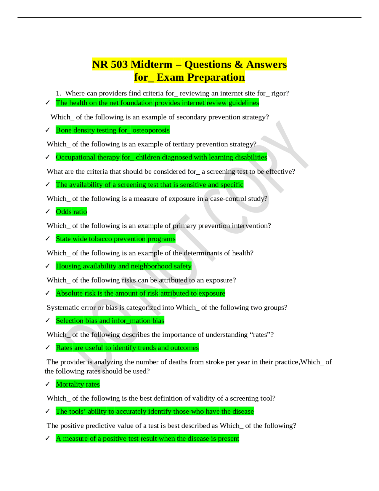 Midterm Exam: Public Health Prevention Strategies, Screening ...