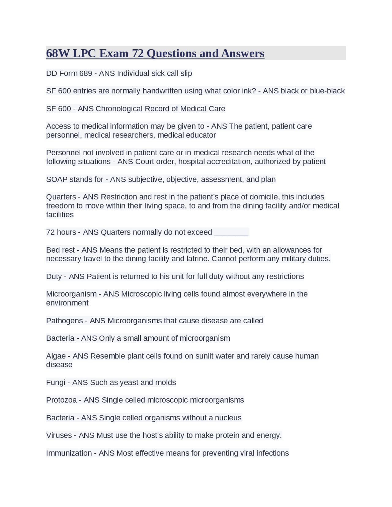 68W LPC Exam Questions and Answers: Medical Terminology and Patient ...